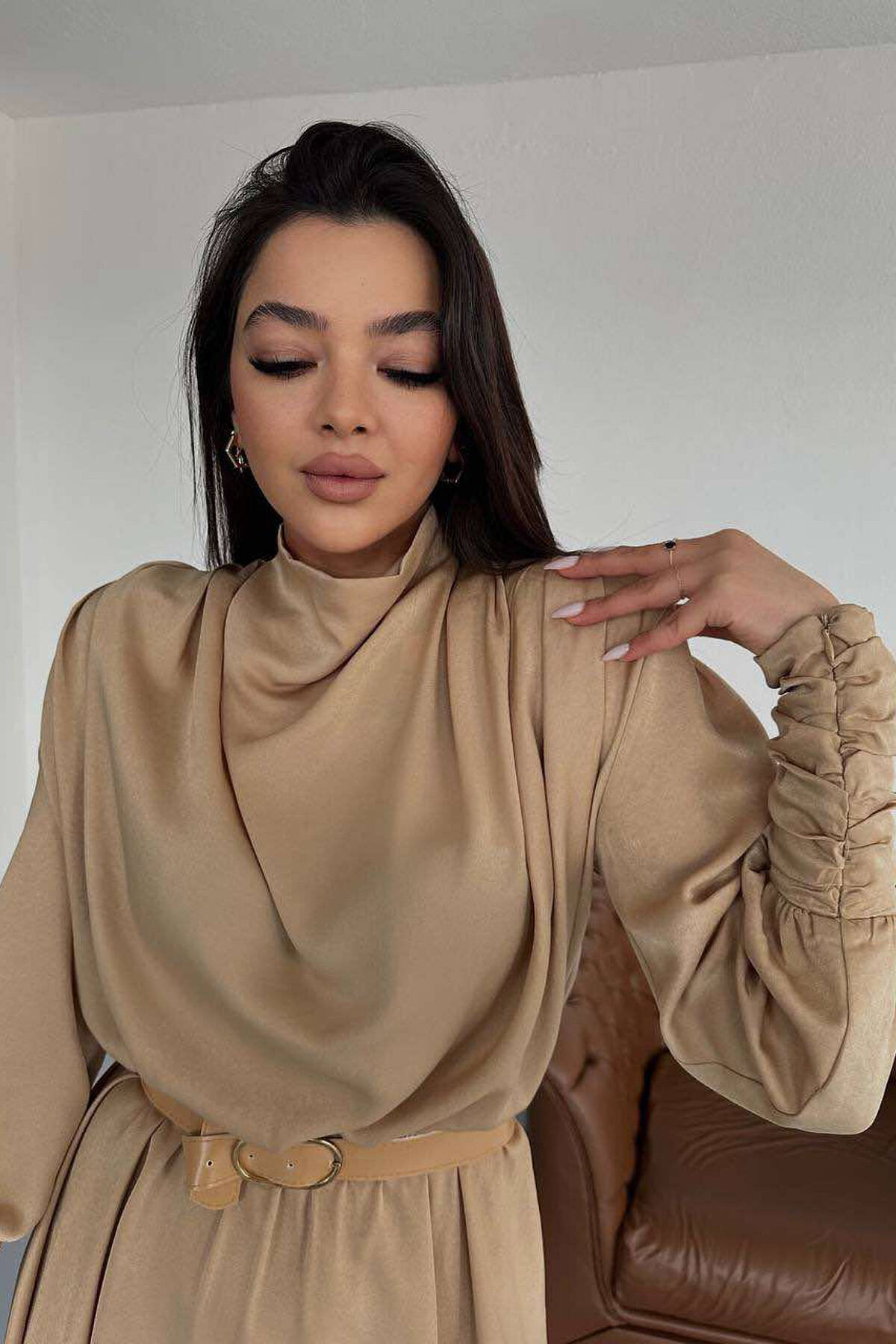 ONE COLOR LONG SLEEVE WOMEN DRESS BEIGE/BEZHE DRESS EL-8553