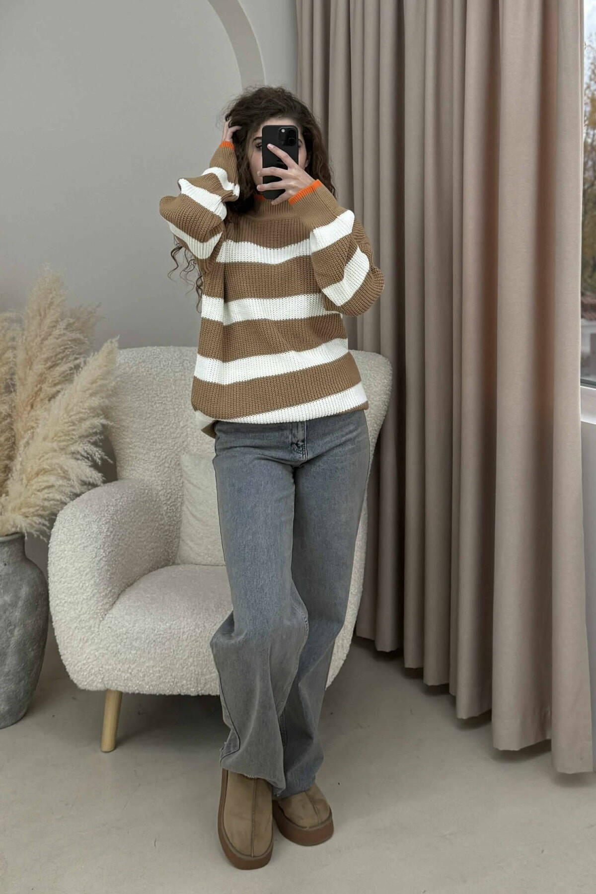 HIGH NECK STRIPED WOMEN SWEATER BROWN/KAFE SWEATER NL-4613
