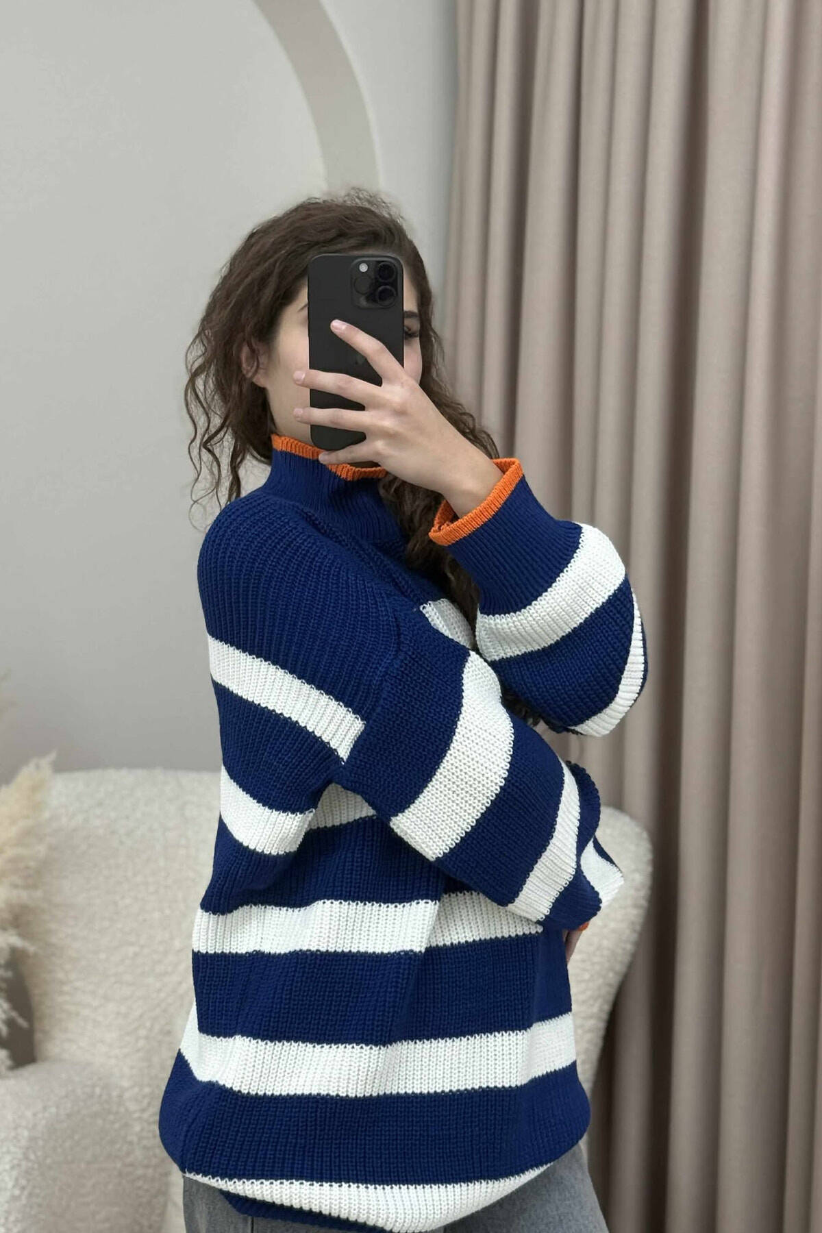 HIGH NECK STRIPED WOMEN SWEATER DARK BLUE/BEE SWEATER NL-4613