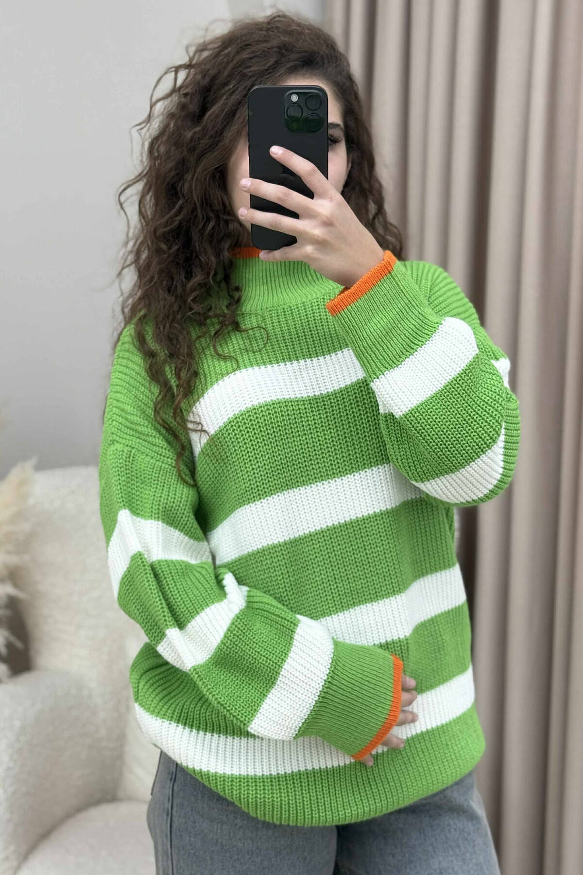 HIGH NECK STRIPED WOMEN SWEATER LIGHT GREEN/JEZB SWEATER NL-4613