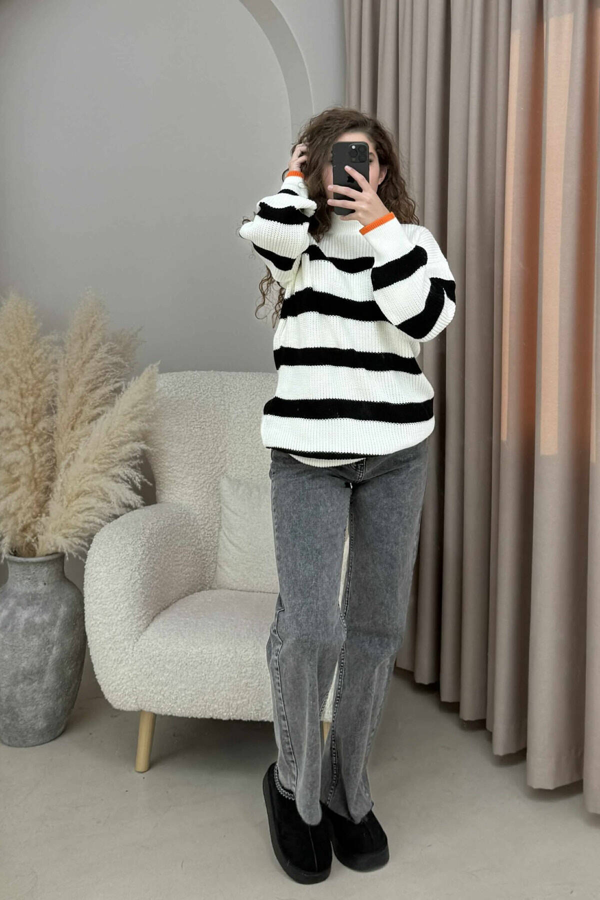HIGH NECK STRIPED WOMEN SWEATER WHITE-BLACK/BAZE SWEATER NL-4613