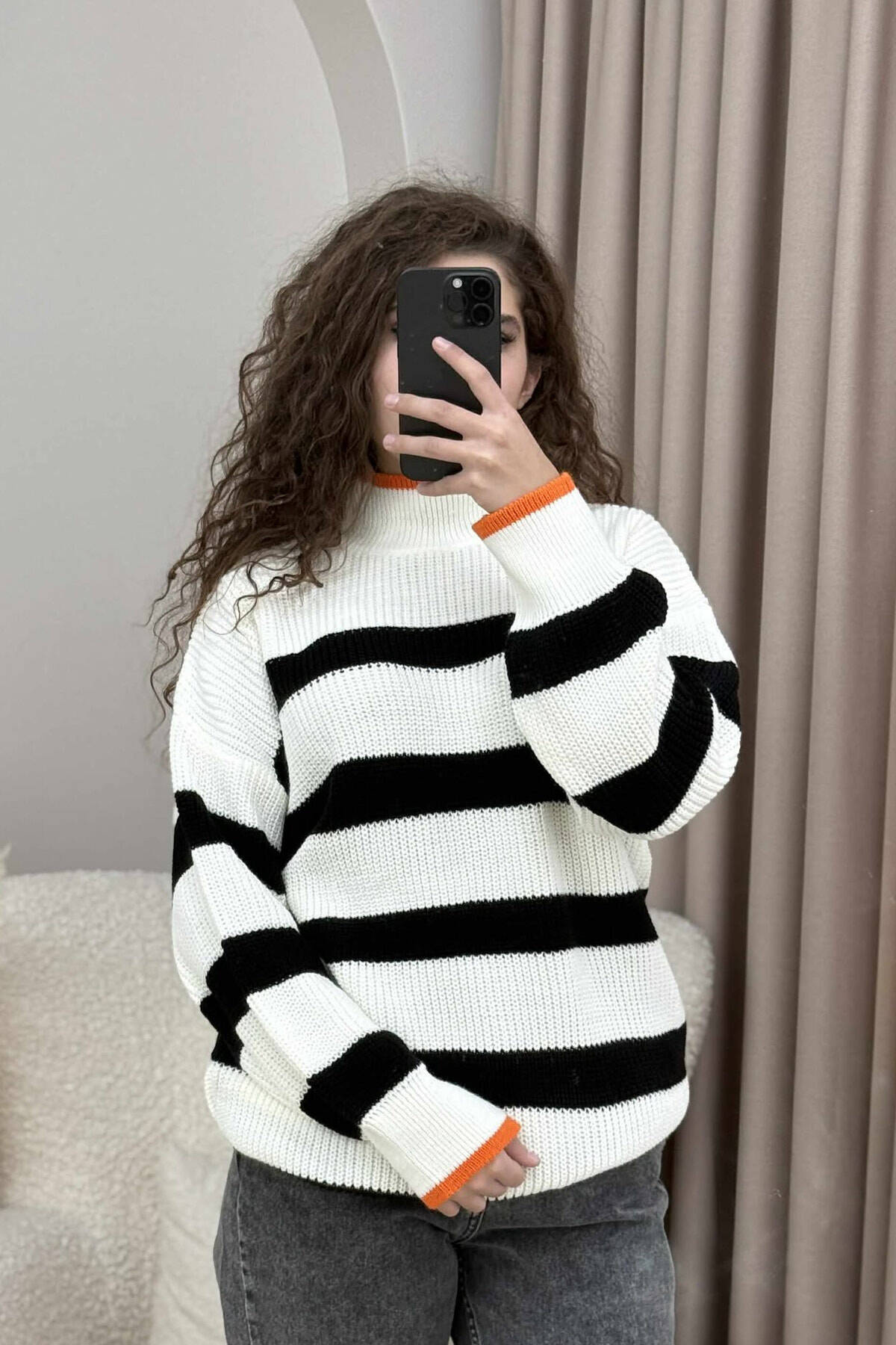 HIGH NECK STRIPED WOMEN SWEATER WHITE-BLACK/BAZE SWEATER NL-4613