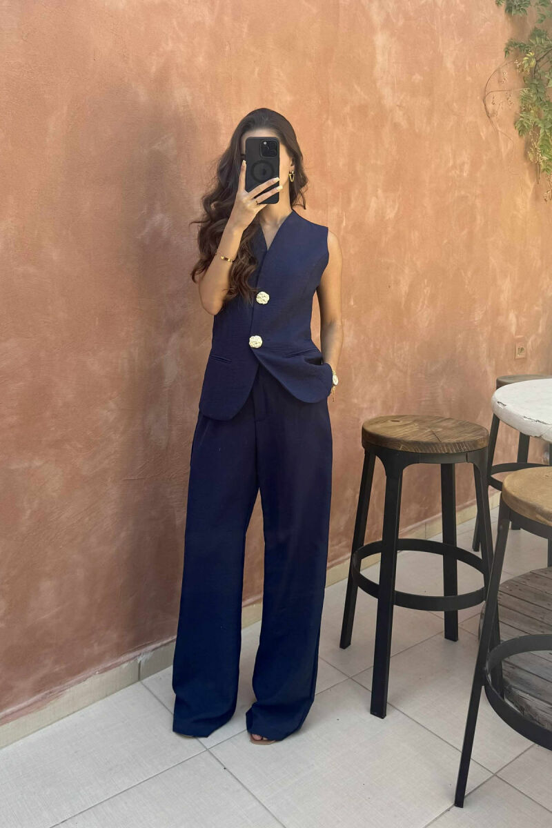 GOLD BUTTONS VEST+TROUSERS WOMEN SET DARK BLUE/BEE TWO-PIECE SETS ...