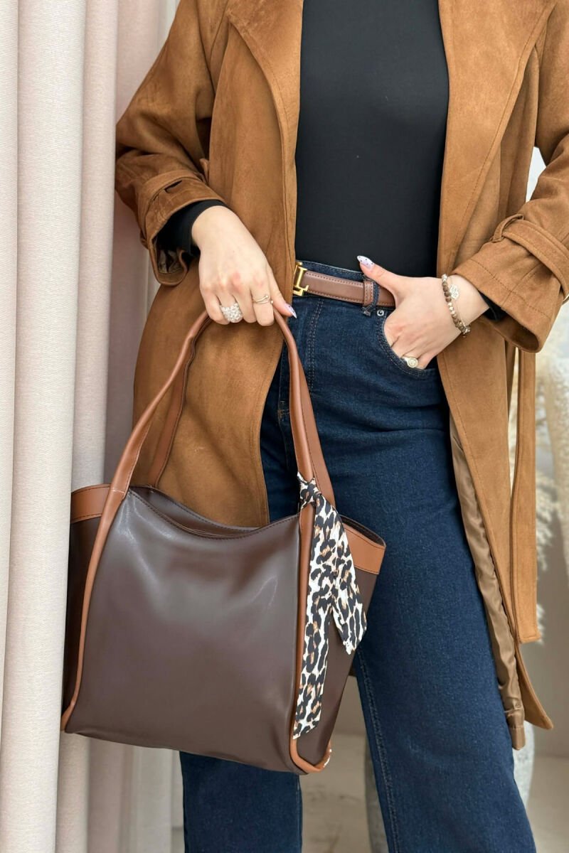 LEATHER SCARF DETAIL WOMEN BAG DARK BROWN/KAFE ERRET BAG KLAUDIO ...