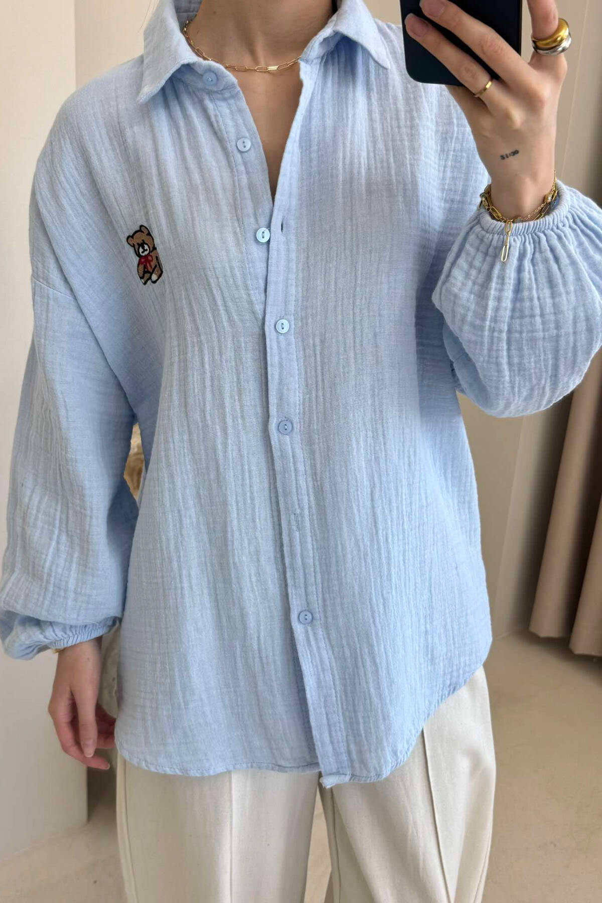 LINEN BEAR LOGO ONE COLOR WOMEN SHIRT LIGHTBLUE/BZ SHIRTS BS-8046