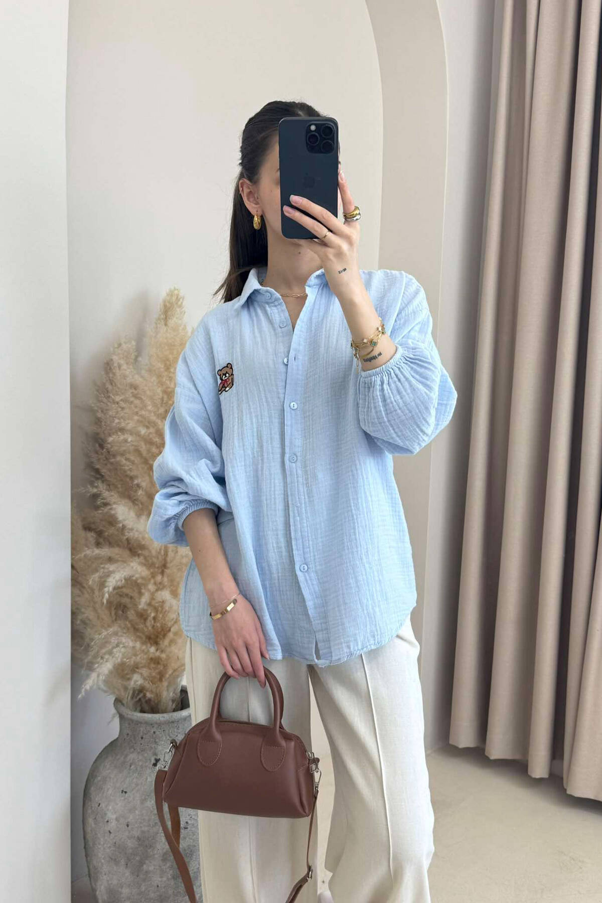 LINEN BEAR LOGO ONE COLOR WOMEN SHIRT LIGHTBLUE/BZ SHIRTS BS-8046