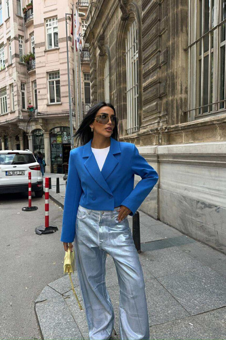 ONE COLOR CROPPED WOMEN JACKET BLUE/BLU JACKETS KLAUDIO FASHION EL-9271
