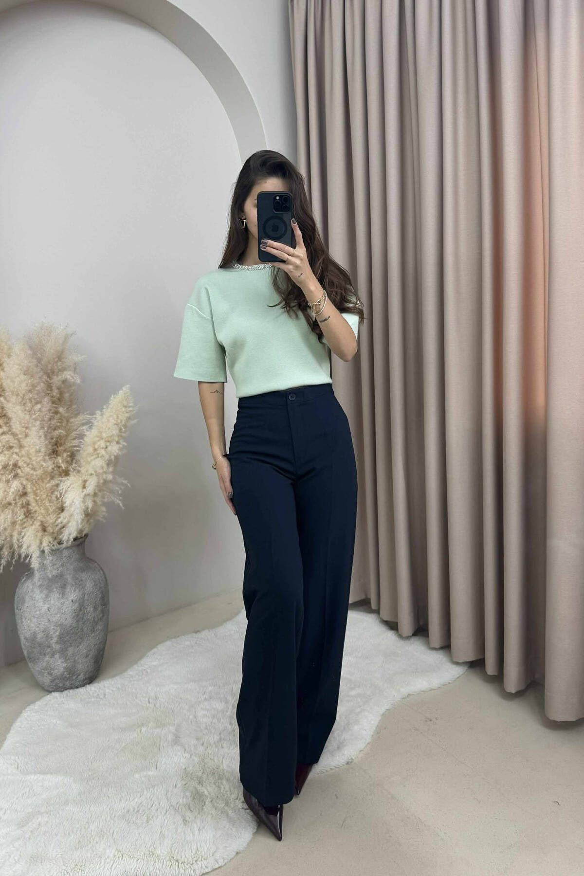 ONE COLOR SIMPLE WIDE LEG WOMEN TROUSERS DARK BLUE/BEE TROUSERS KLAUDIO ...