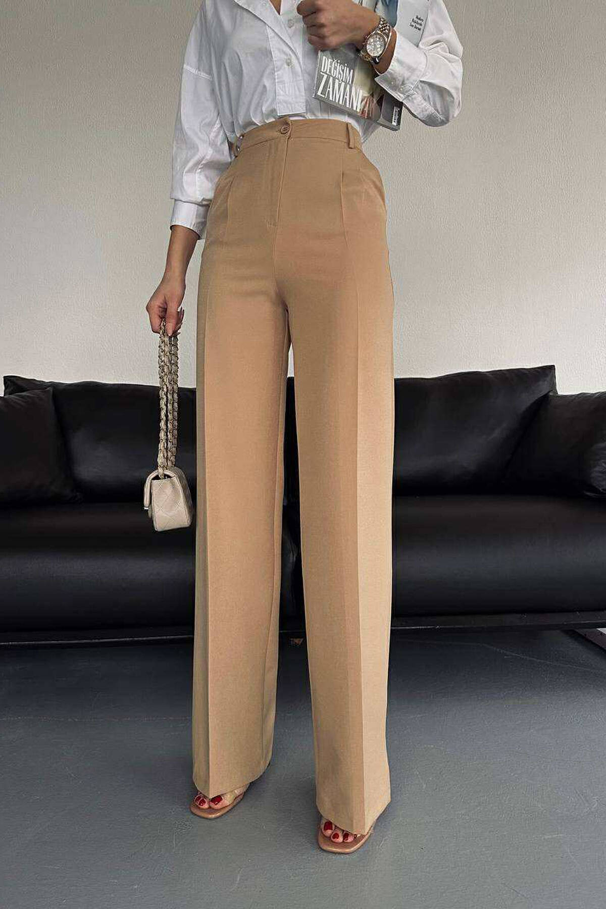 ONE COLOR WIDE LEG WOMEN TROUSERS BEIGE/BEZHE TROUSERS KLAUDIO FASHION ...