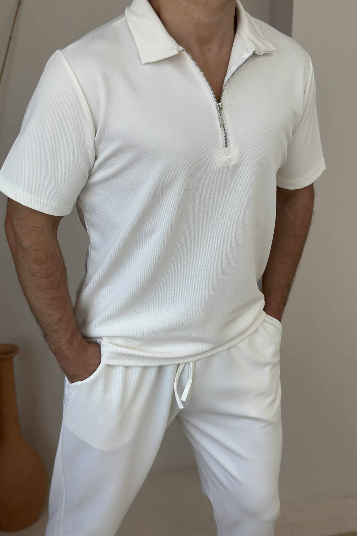 POLO NECK ZIPPERED T-SHIRT+SWEATPANTS MEN SET CREAM/KREM SWEATSUIT SETS ...