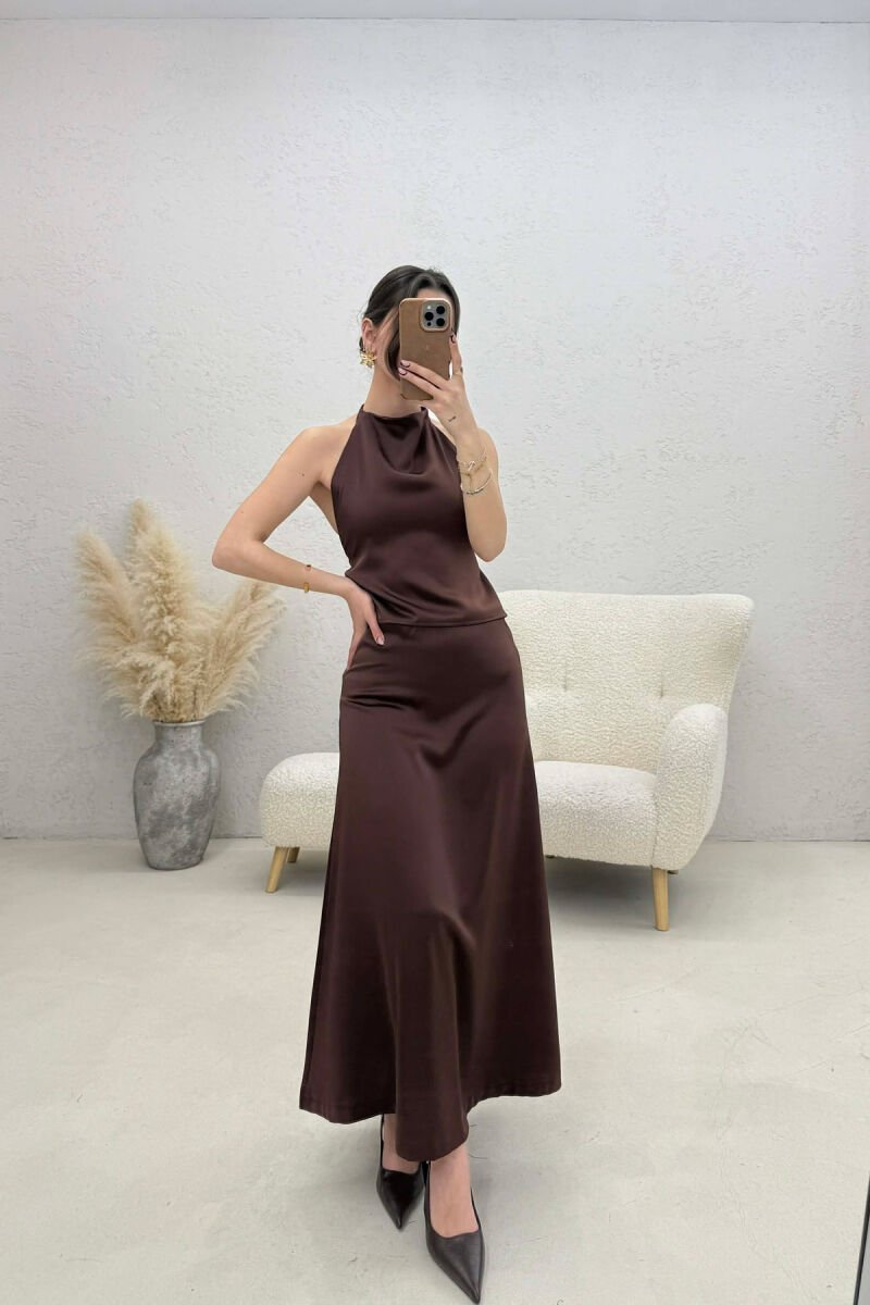 ONE COLOR SATIN TANK TOP + SKIRT WOMAN SET BROWN/KAFE TWO-PIECE SETS ...