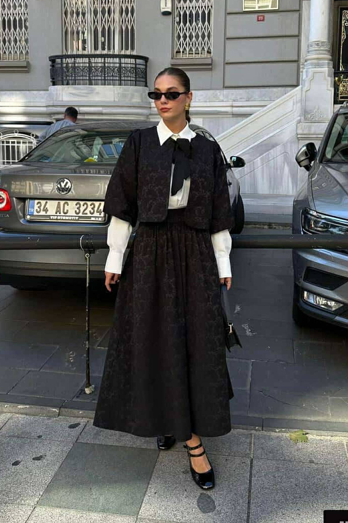 ONE COLOR FLOWER DESIGN SKIRT+JACKET WOMEN SET BLACK/ E ZEZE TWO-PIECE ...