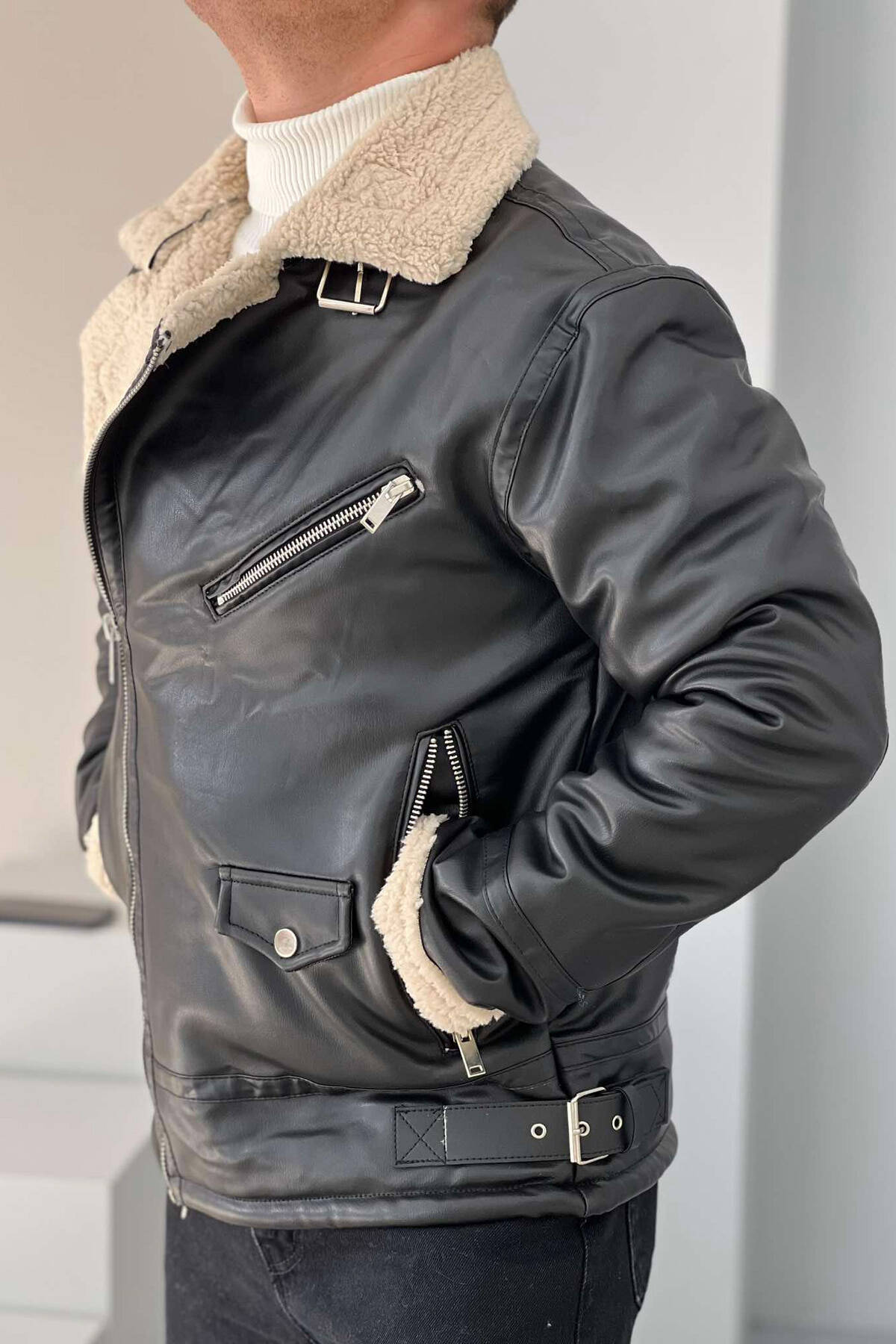 BELTED MEN JACKET WITH POCKETS CREAM+BLACK/KREM+ZEZE JACKETS KLAUDIO ...